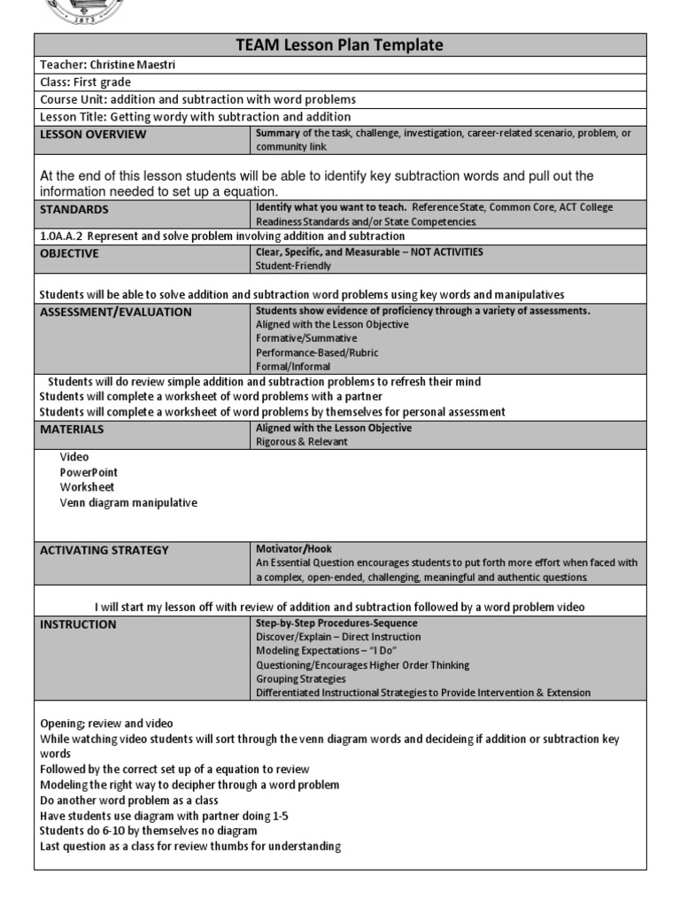 Team Lesson Plan Template | PDF | Educational Assessment ...
