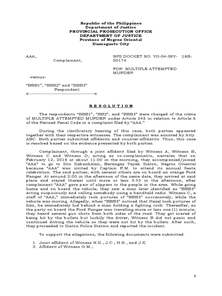 Negros Oriental Province Court Resolution on Multiple Attempted Murder ...