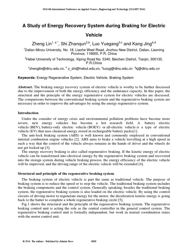 A Study of Energy Recovery System During Braking For Electric Vehicle ...