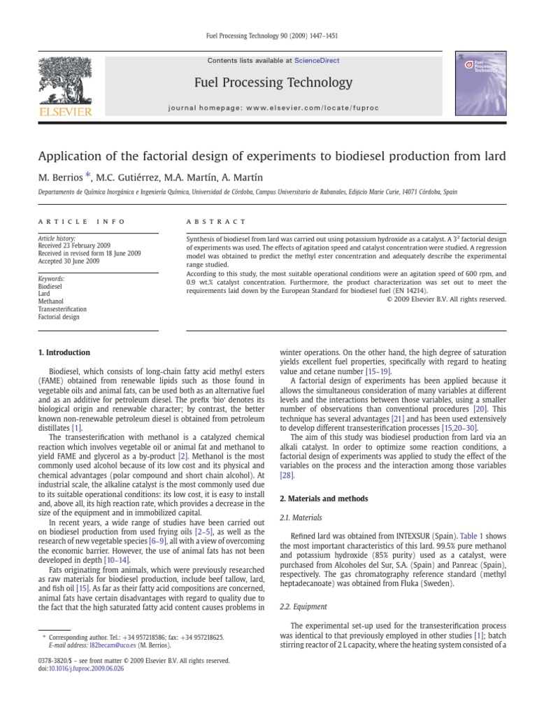 Application of The Factorial Design of Experiments To Biodiesel Production From Lard PDF | PDF ...