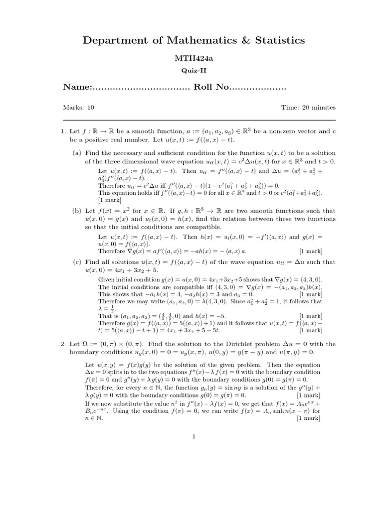 MTH 424 IITK Quiz Solutions | PDF | Sine | Equations