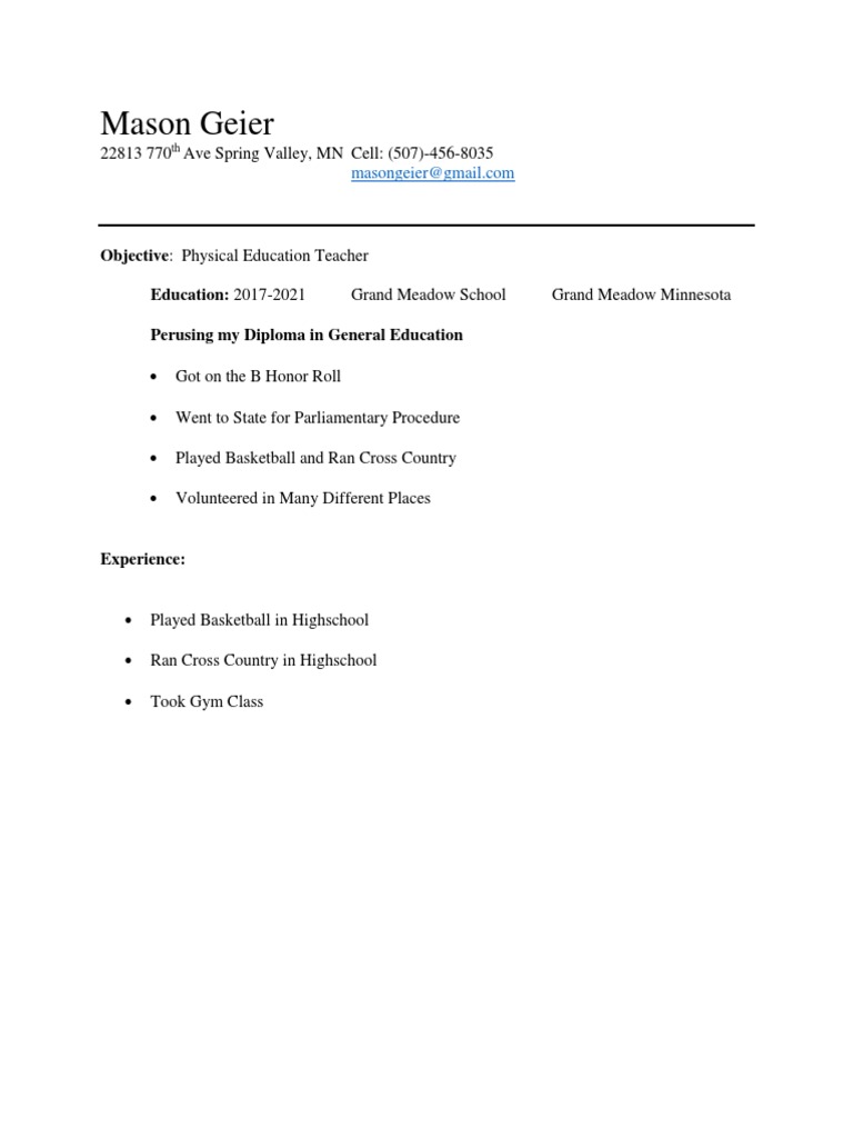 Mason Geier: Objective: Physical Education Teacher Education: 2017-2021 ...