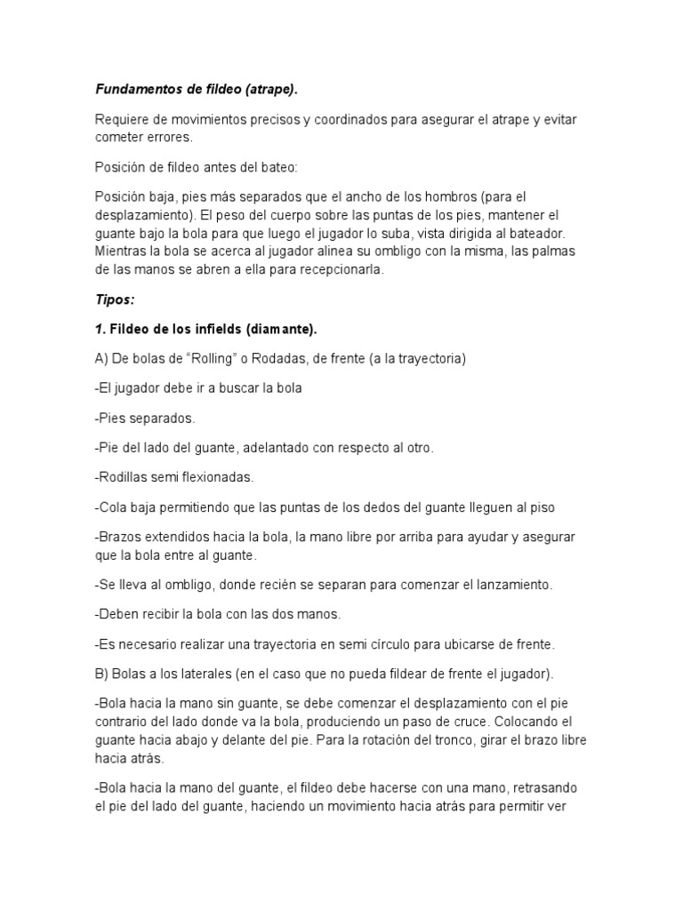 Fundamentos del Fildeo en Béisbol y Softbol | PDF | Pie | Guante