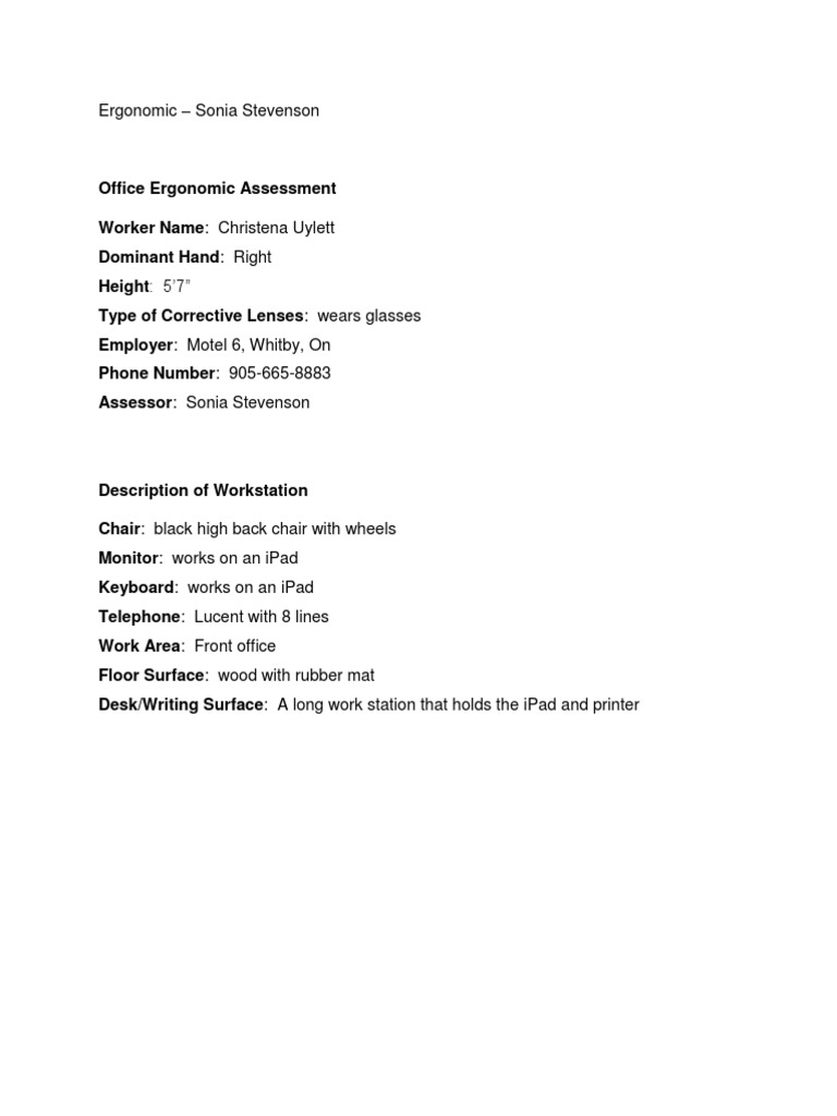 Ergonomic Assessment by Sonia Stevenson | PDF | Career & Growth | Self ...
