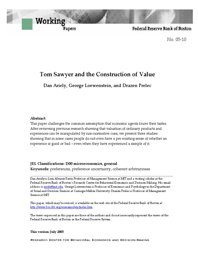 Tom Sayer and Construction of Value | PDF | Experiment | Economics