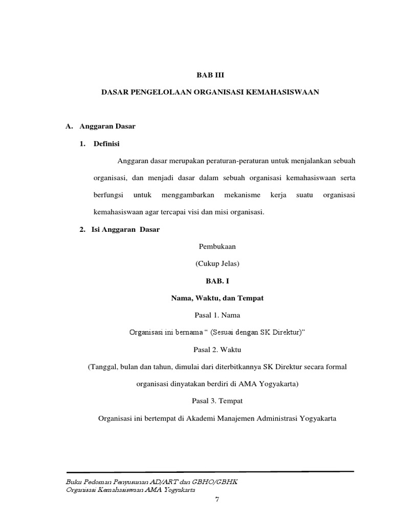 Pedoman Penyusunan Ad Art Dan Gbho GBHK Ormawa Ama Yogyakarta | PDF
