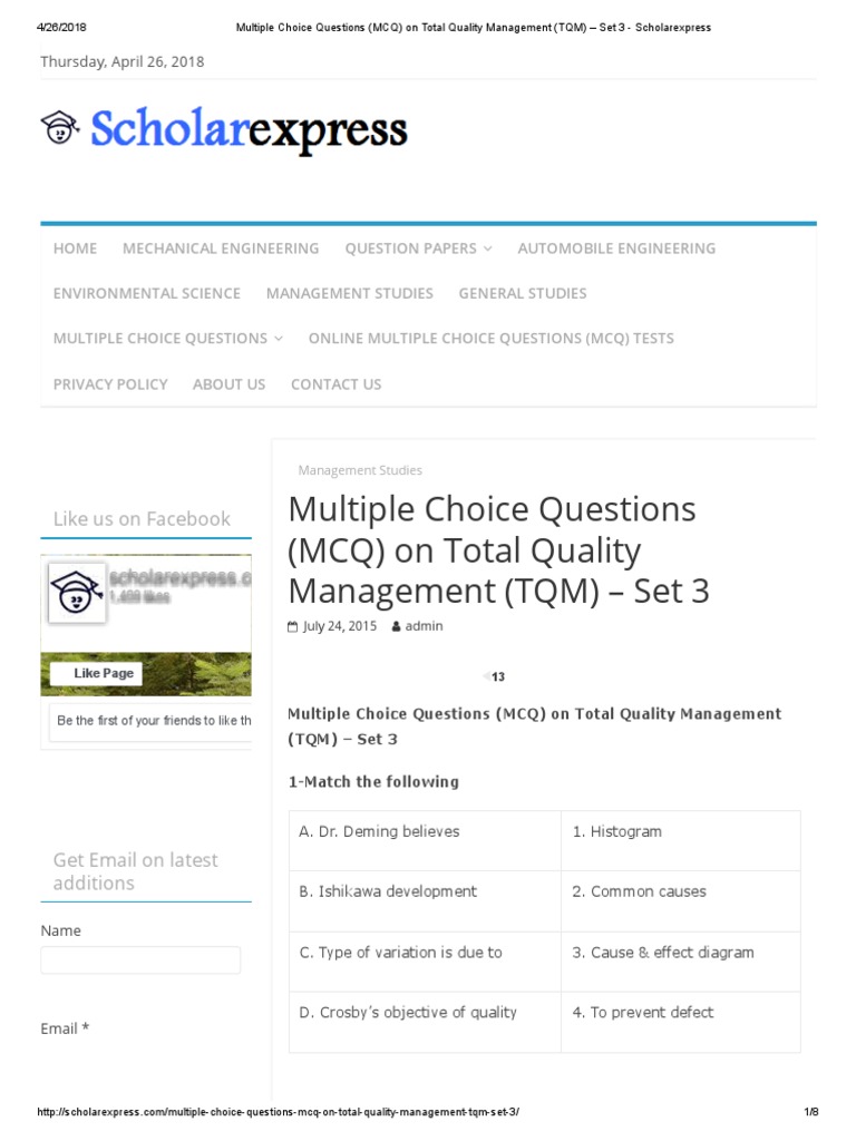 MCQs on Total Quality Management | PDF | Multiple Choice | Quality ...