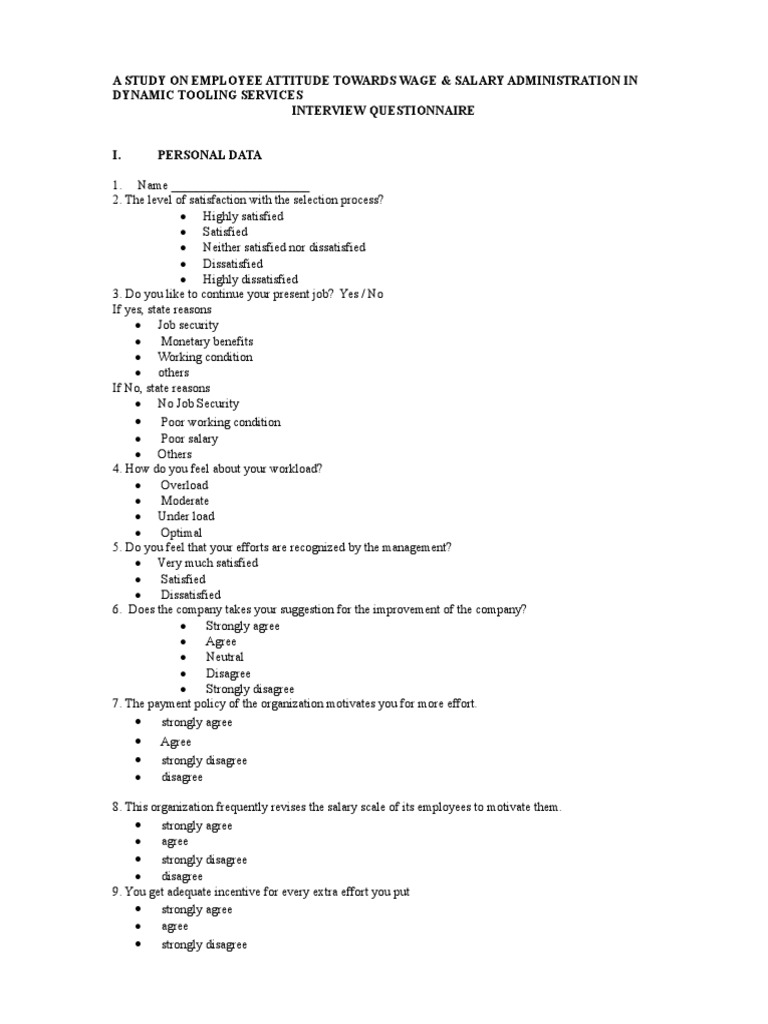 Questionnaire | PDF | Salary | Working Conditions