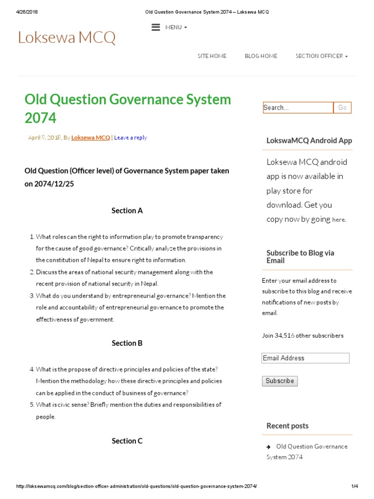 Old Question Governance System 2074 - Loksewa MCQ | PDF | Google Play ...