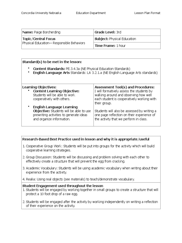 Siop Lesson Plan | PDF | Lesson Plan | Physical Education