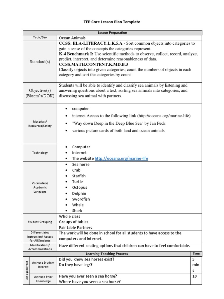 Tep Lesson Plan Template and Description 1 | PDF | Lesson Plan | Sea