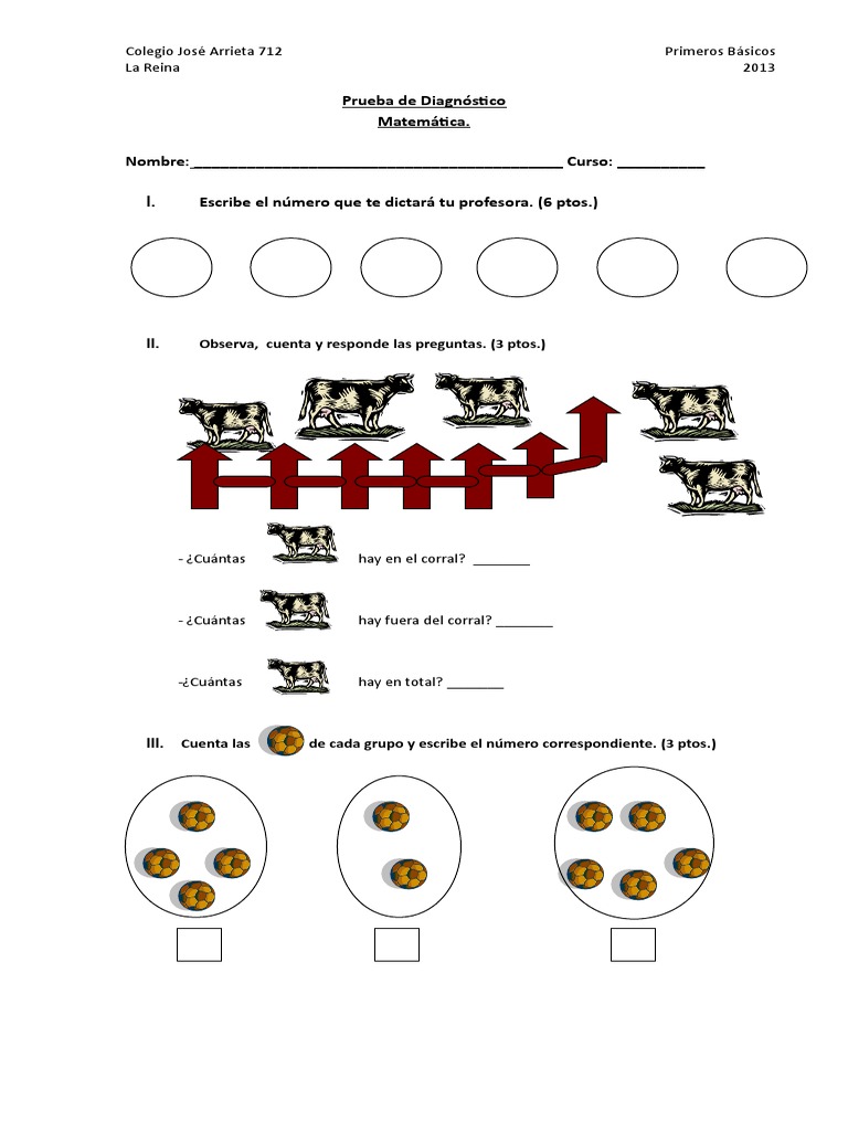 Prueba Diagnóstica de Matemáticas 1° Básico | PDF