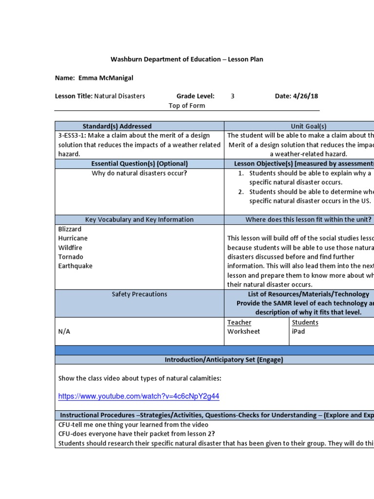 Science Lesson Plan - Emma | PDF | Natural Disasters | Hazards