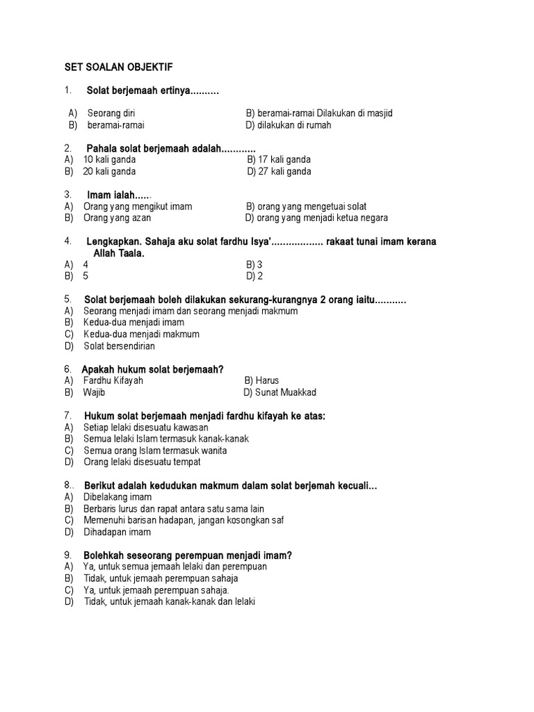 Set Soalan Objektif Berkaitan Solat | PDF