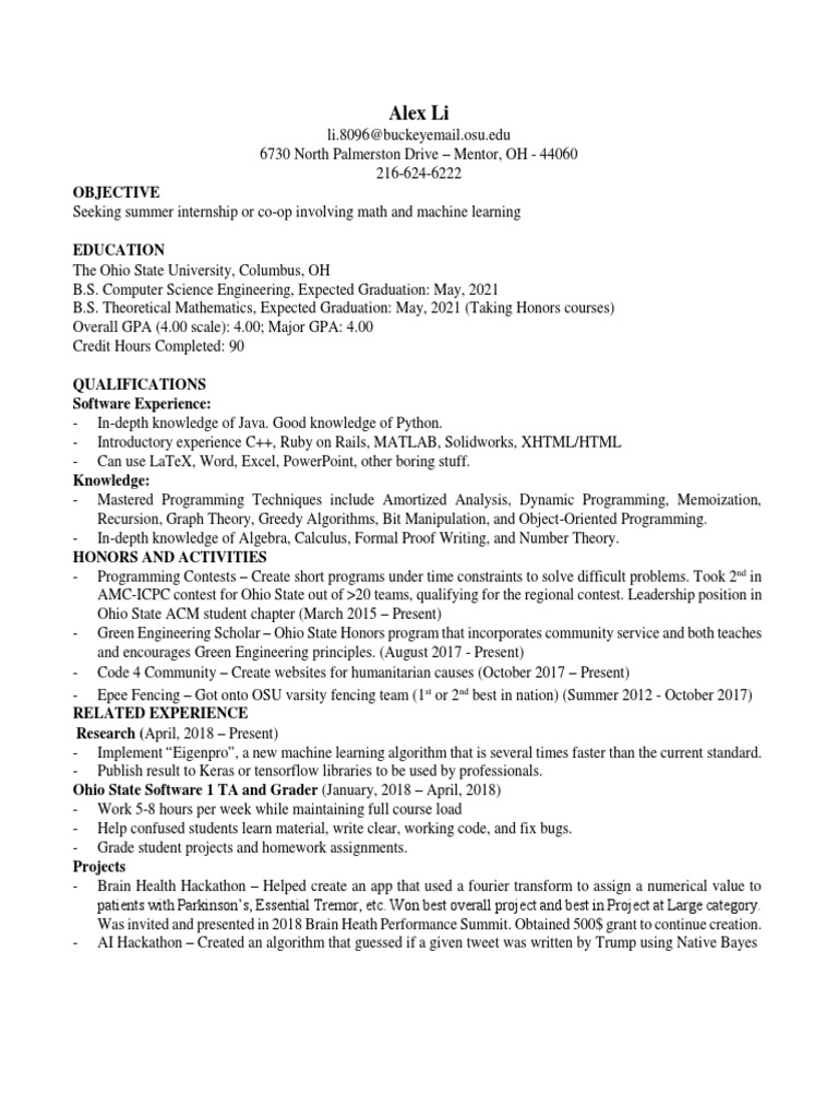 Resume Nomal | PDF | Ohio State University | Computer Programming