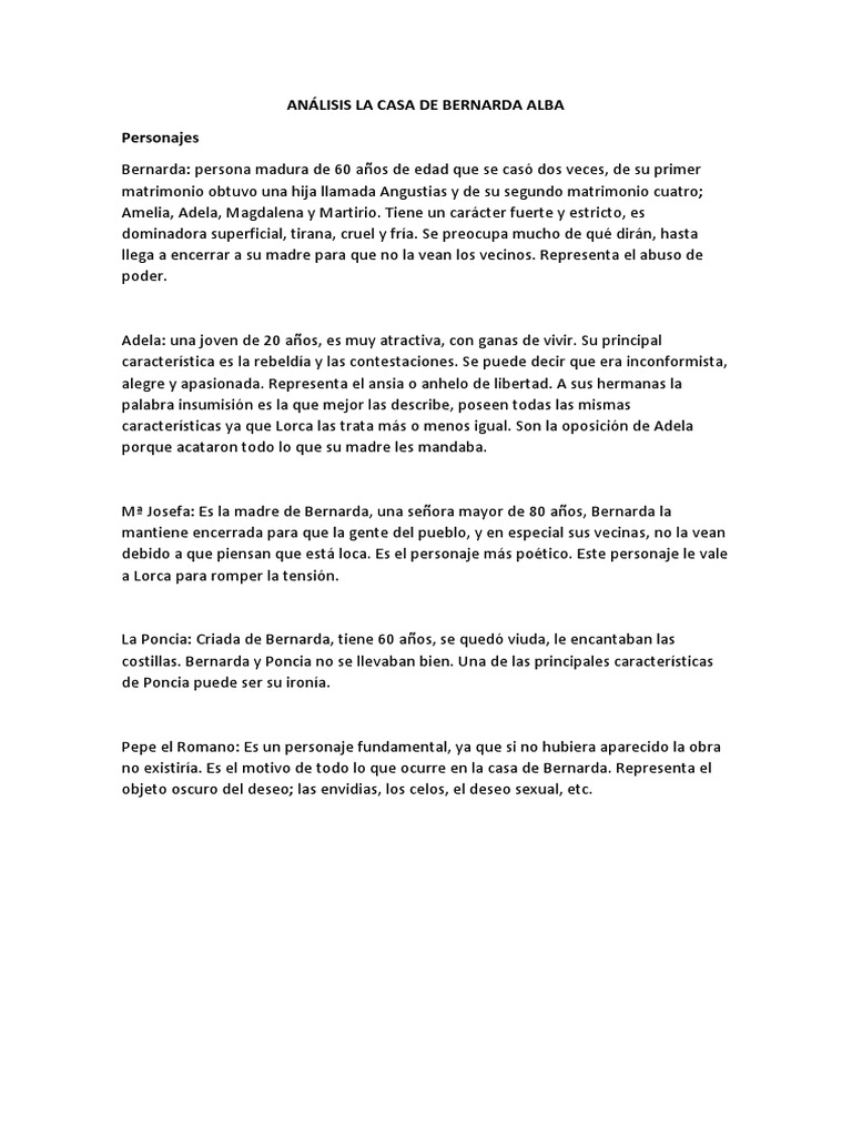 Análisis La Casa de Bernarda Alba | PDF | Federico García Lorca ...