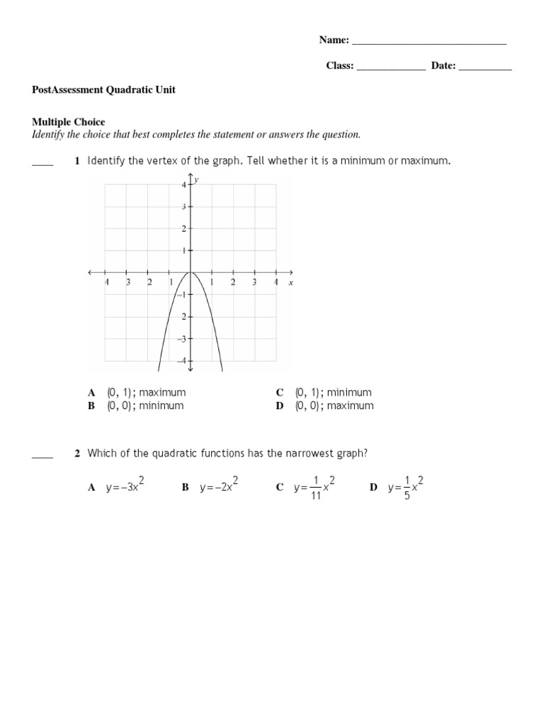 Paper PostAssessment Quadratic Unit Multiple Choice | PDF | Quadratic ...