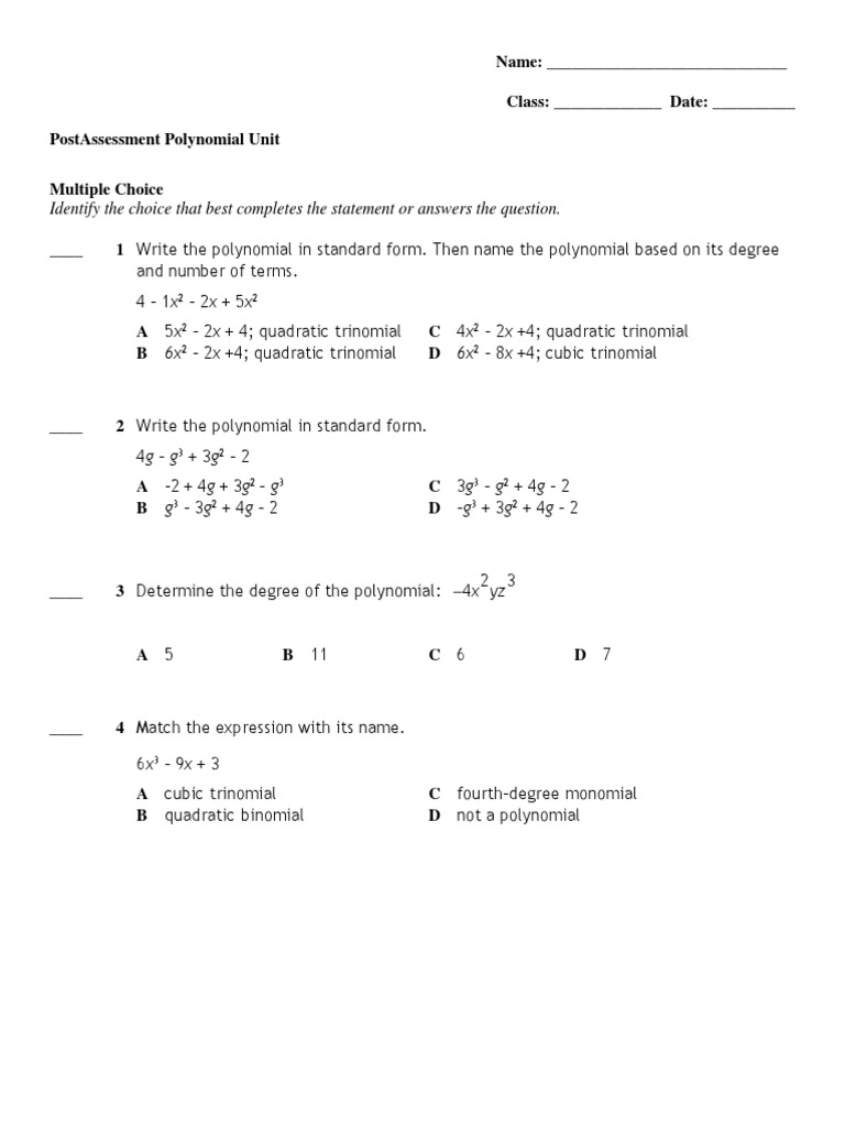 Paper PostAssessment Polynomial Unit Multiple Choice | PDF | Polynomial ...