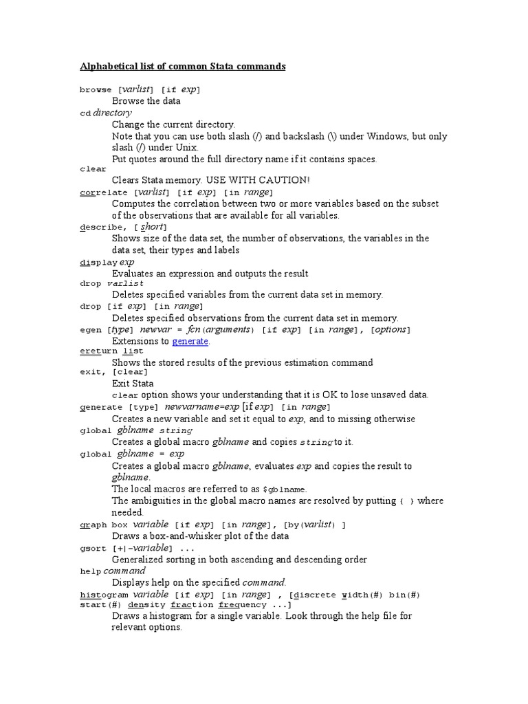 Varlist Exp Alphabetical List Of Common Stata Commands PDF Errors
