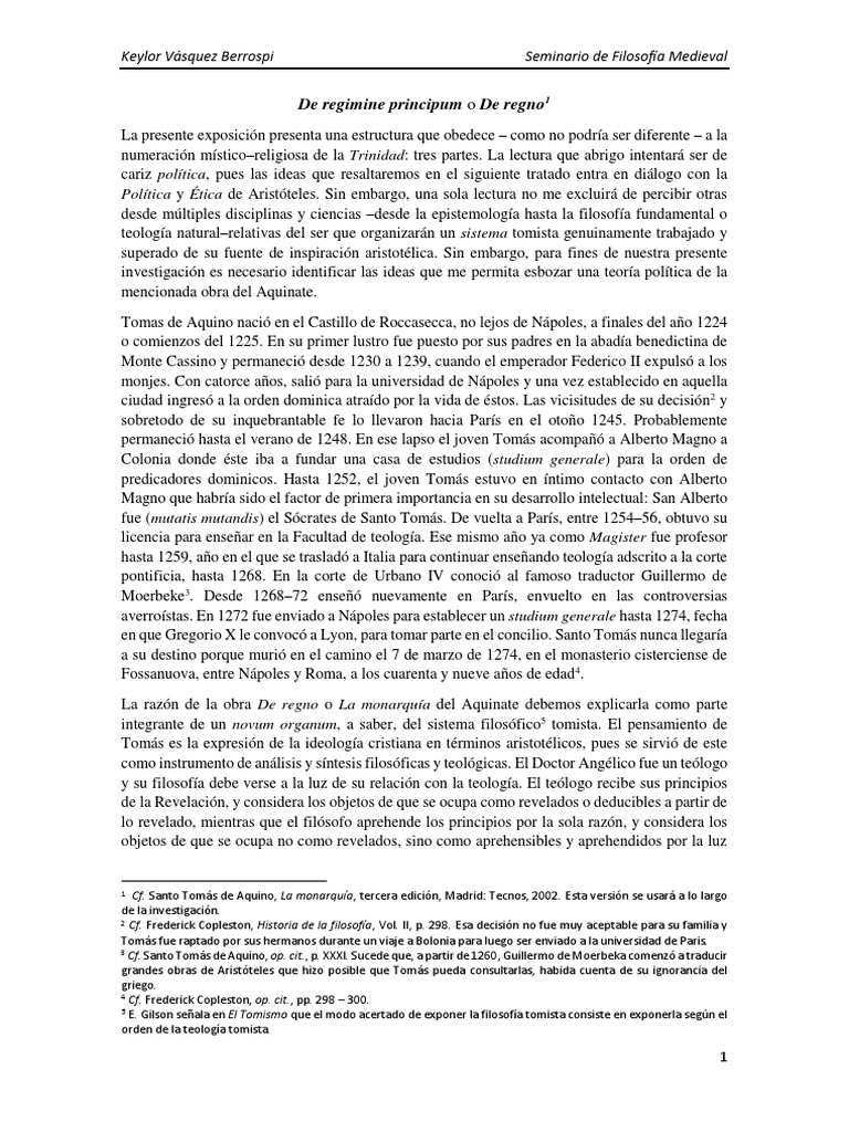 De Regimine Principum o de Regno I | PDF | Tomás de Aquino | Aristóteles