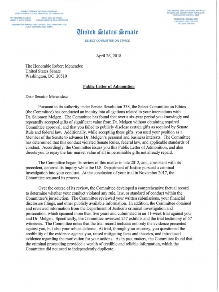 Public Letter of Admonition to Menendez | PDF | United States Senate ...