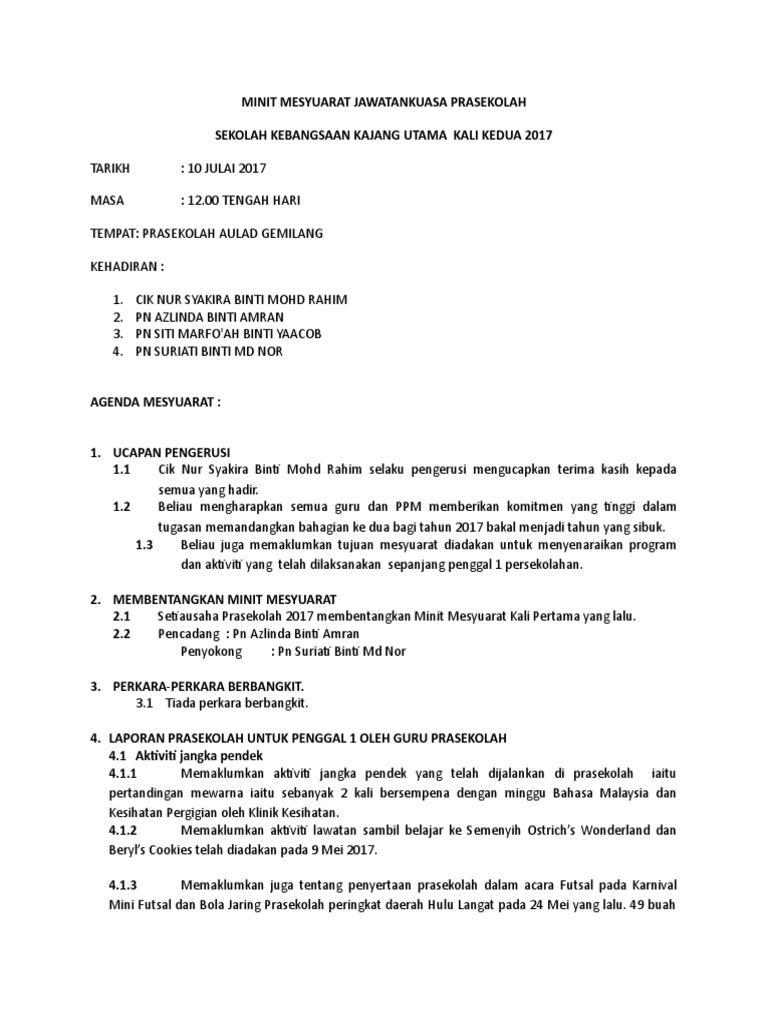 Minit Mesyuarat Jawatankuasa Prasekolah Kedua 2017 | PDF
