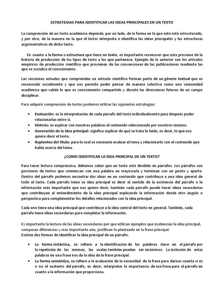 Estrategias para Identificar Las Ideas Principales en Un Texto | PDF ...
