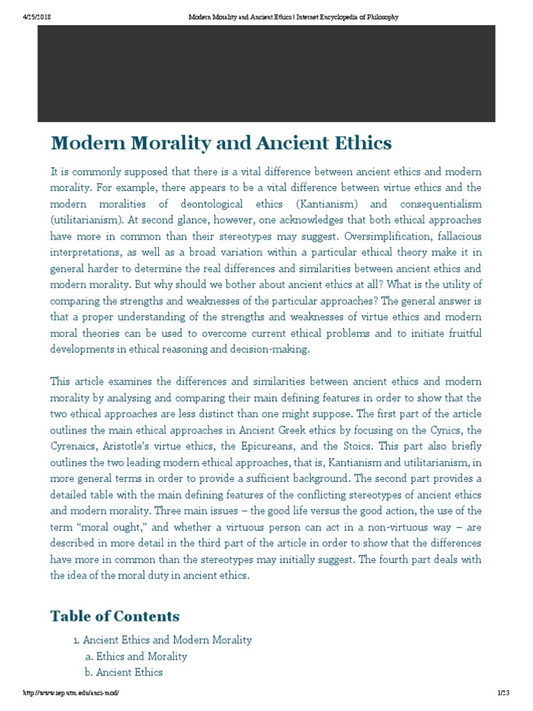 Modern Morality and Ancient Ethics - Internet Encyclopedia of ...