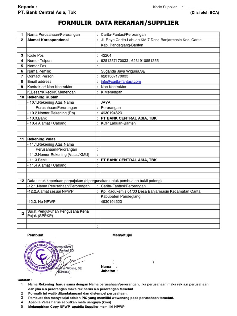 Formulir Data Supplier | PDF