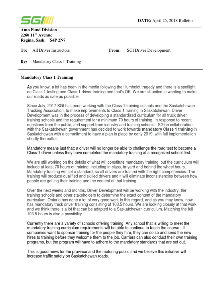 SGI Truck Driver Training Memo | PDF | Truck Driver | Curriculum