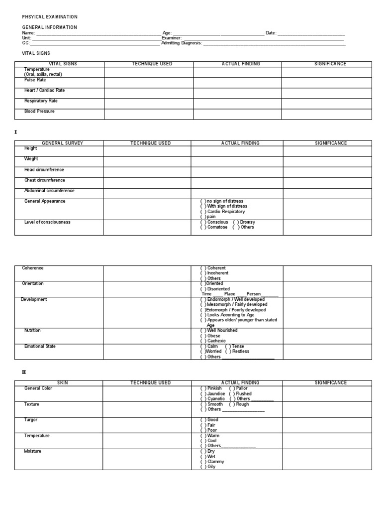 Comprehensive Physical Examination Template | PDF | Human Anatomy | Anatomy