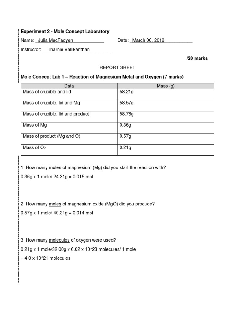 Chemistry Lab: Mole Concept Analysis | PDF | Mole (Unit) | Magnesium
