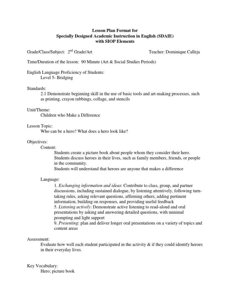 Lesson Plan Format For Specially Designed Academic Instruction in ...