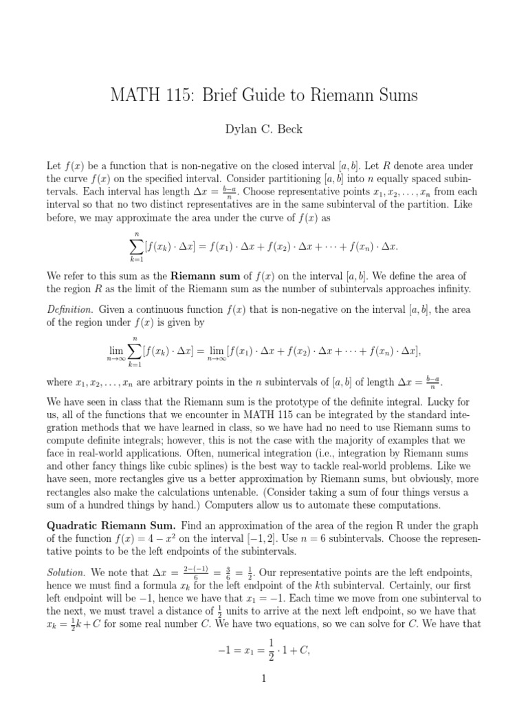 MATH 115: Brief Guide To Riemann Sums | PDF | Summation | Integral