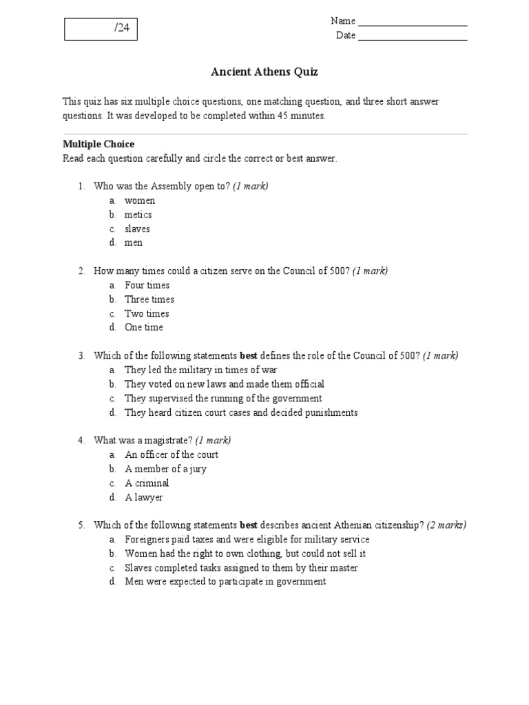 Ancient Athens Quiz and Answer Key | PDF | Citizenship | Democracy