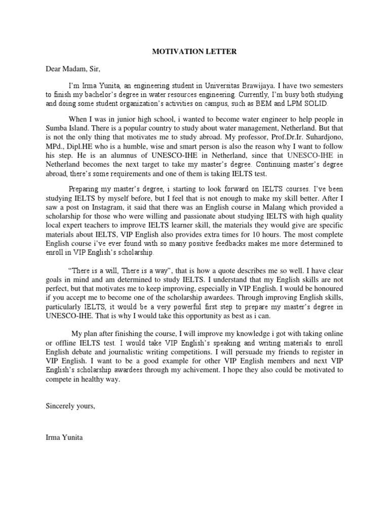 Motivation Letter: Unesco-Ihe in | PDF | Academic Degree ...