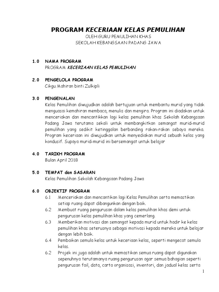 Kertas Kerja Keceriaan Kelas Pemulihan | PDF