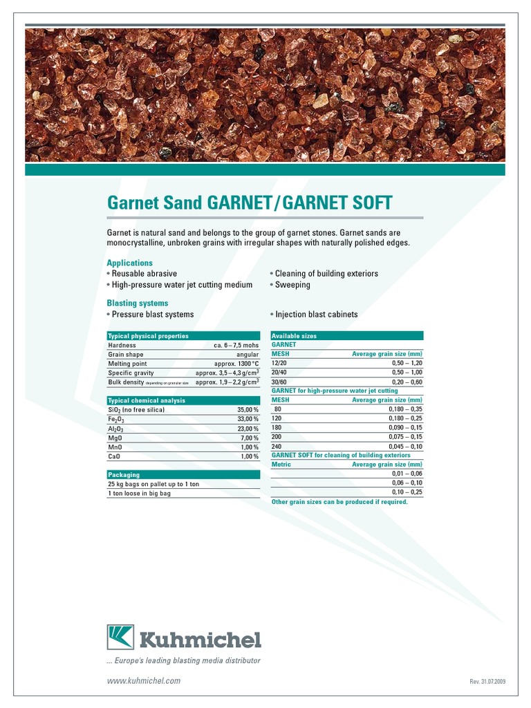 Datasheet Garnet | PDF | Sand | Density