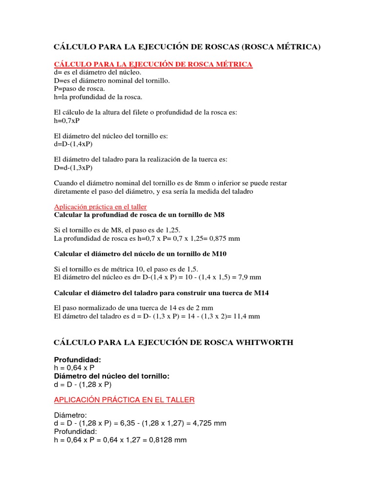 Cálculo para La Ejecución de Roscas | PDF | Engranaje | Transmisión ...