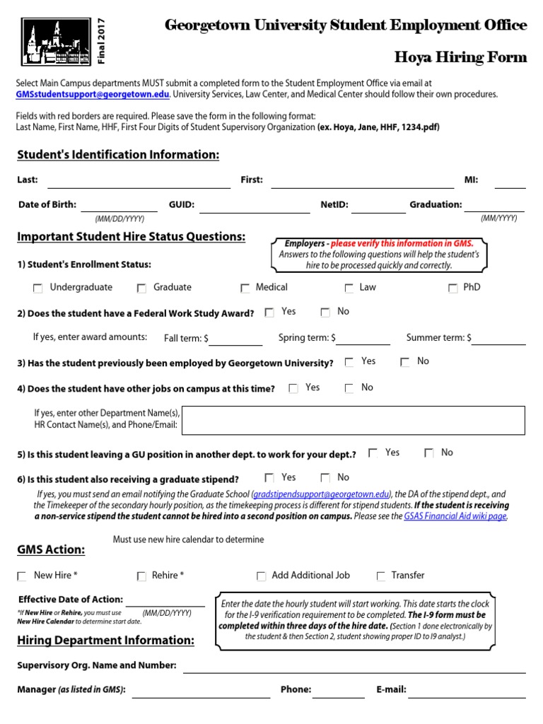 Hoya Hiring Form 2017-2018 | PDF | Assignment (Law) | Employment