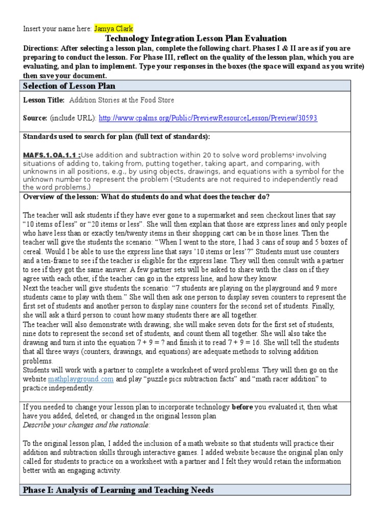 Technology Integration Lesson Plan Evaluation: Addition Stories at The ...