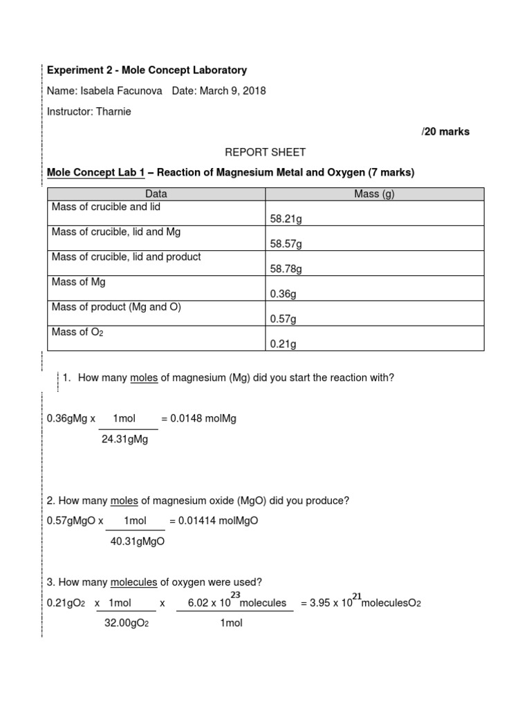 Lab 2 Isabelaf - Mole Concept Laboratory | PDF | Mole (Unit) | Materials