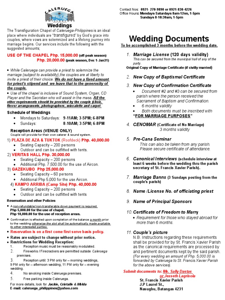 Wedding Rates and Documents | PDF | Wedding | Confirmation