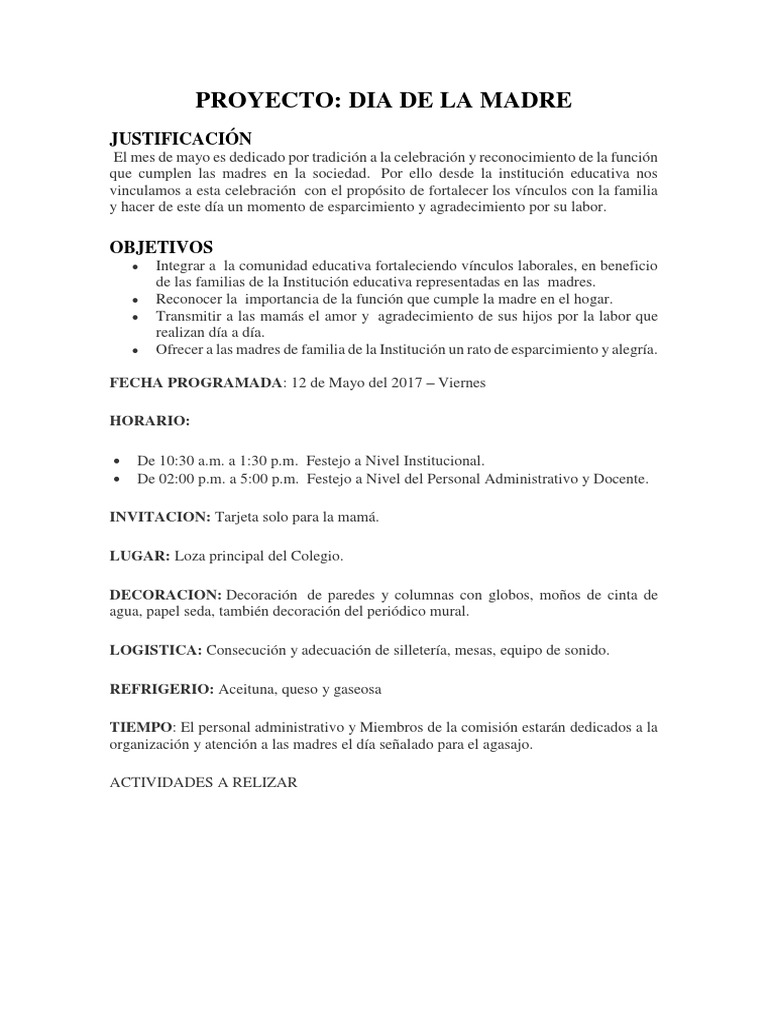 PROYECTO Dia de La Madre2 | PDF | Educación Física | Escuelas