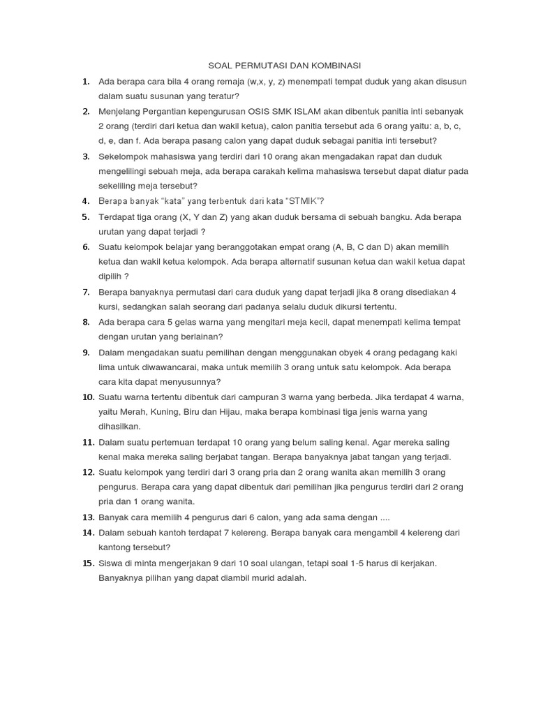 Soal Permutasi dan Kombinasi Matematika | PDF