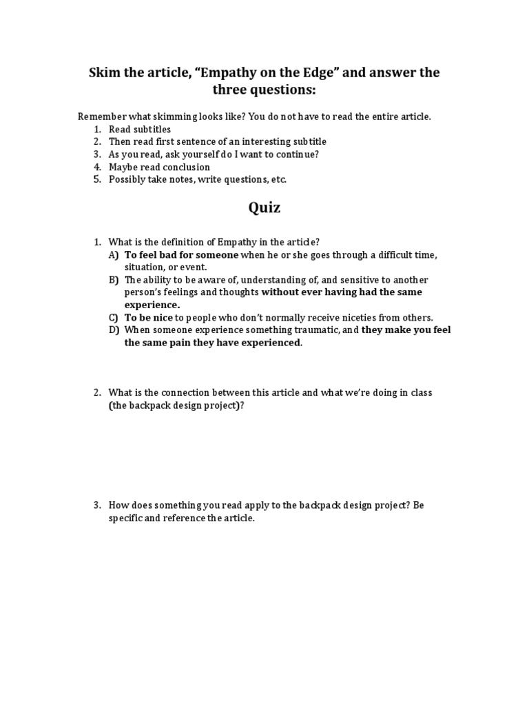 Skim The Article, "Empathy On The Edge" and Answer The Three Questions ...