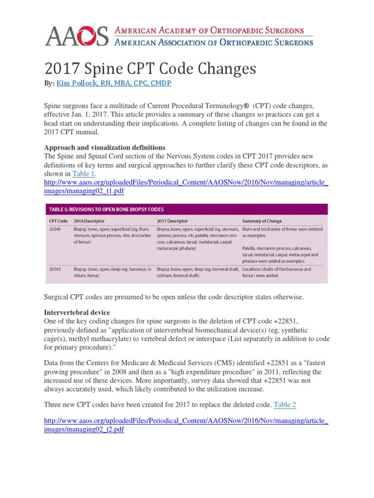 2017 Spine CPT Code Changes: Kim Pollock, RN, MBA, CPC, CMDP | PDF ...