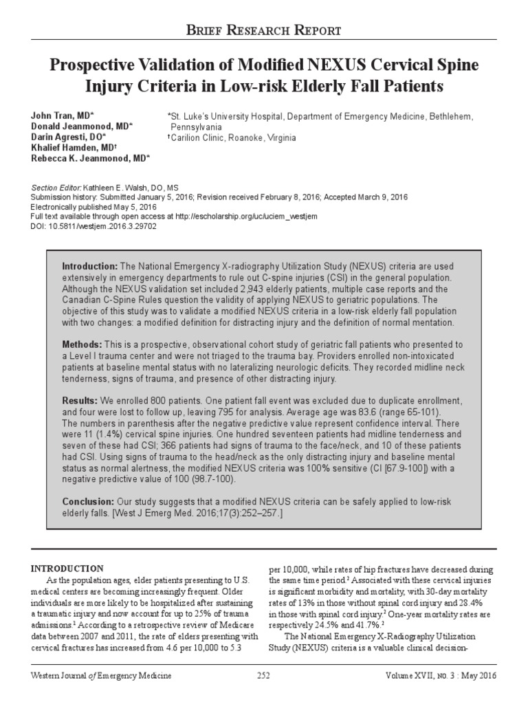 Prospective Validation of Modified NEXUS Cervical Spine Injury Criteria ...