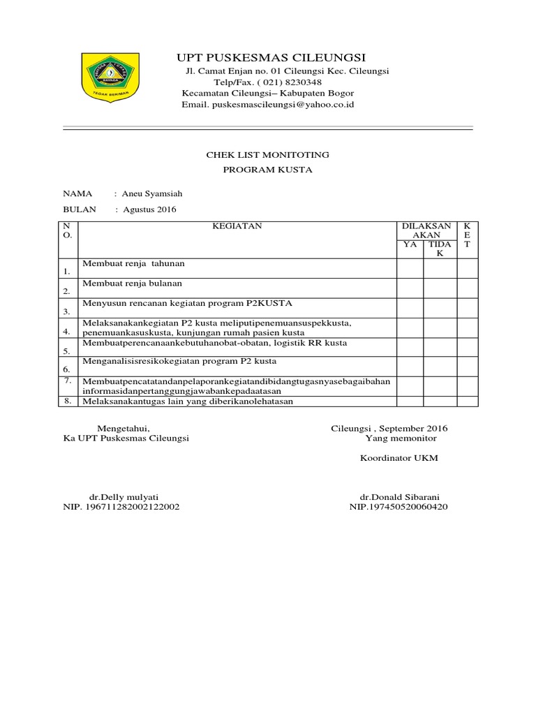 Ceklist Monitoring Program Kusta | PDF