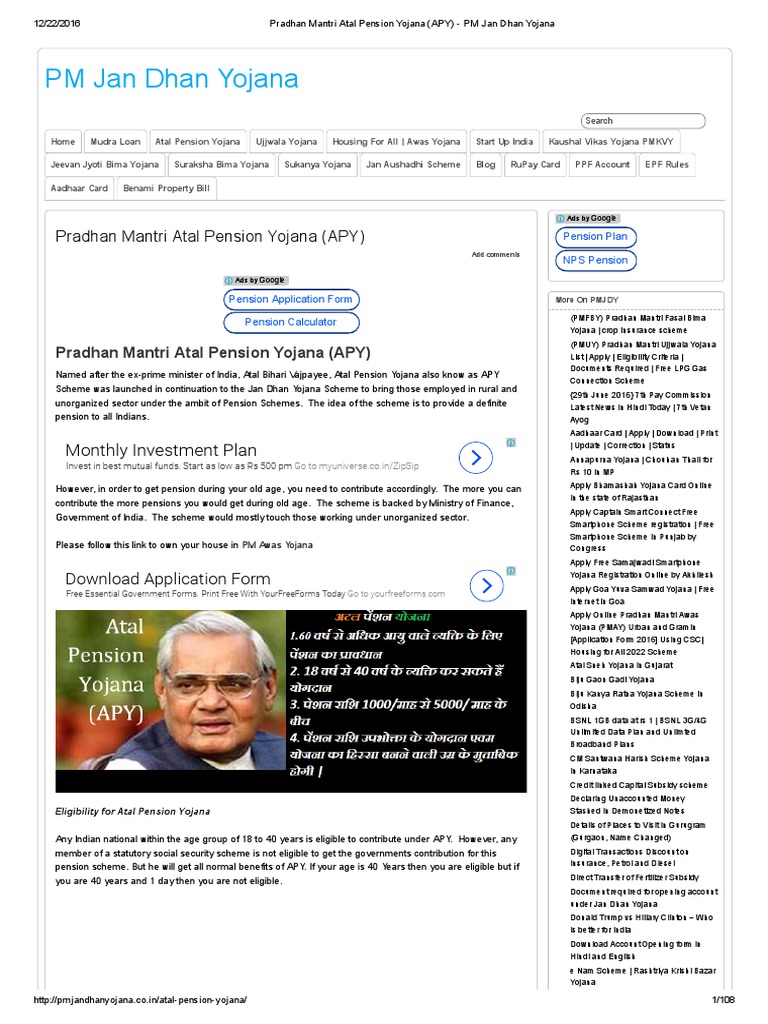 Pradhan Mantri Atal Pension Yojana (APY) | PDF | Financial Services ...